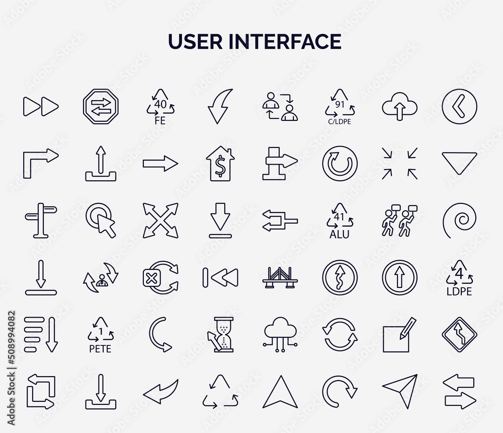 set of user interface web icons in outline style. thin line icons such as forward button, curve ...