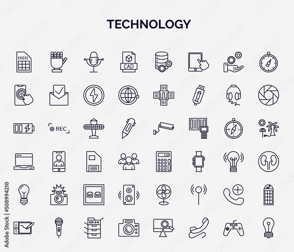 set of technology web icons in outline style. thin line icons such as big, cad, touchscreen ...