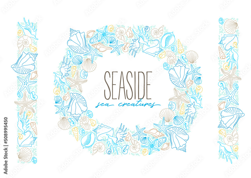 Vector circle frame, border of line art tropical sea elements ...