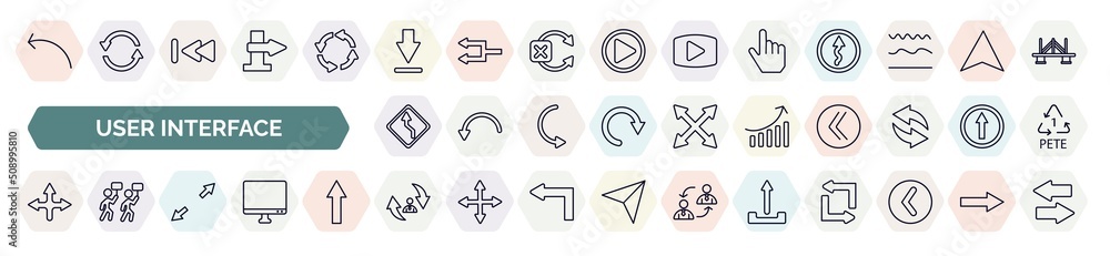 set of user interface icons in outline style. thin line icons such as sketched arrow, big ...