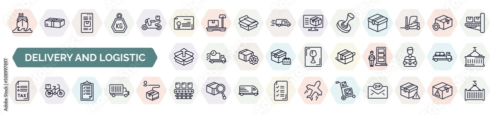 set of delivery and logistic icons in outline style. thin line icons ...