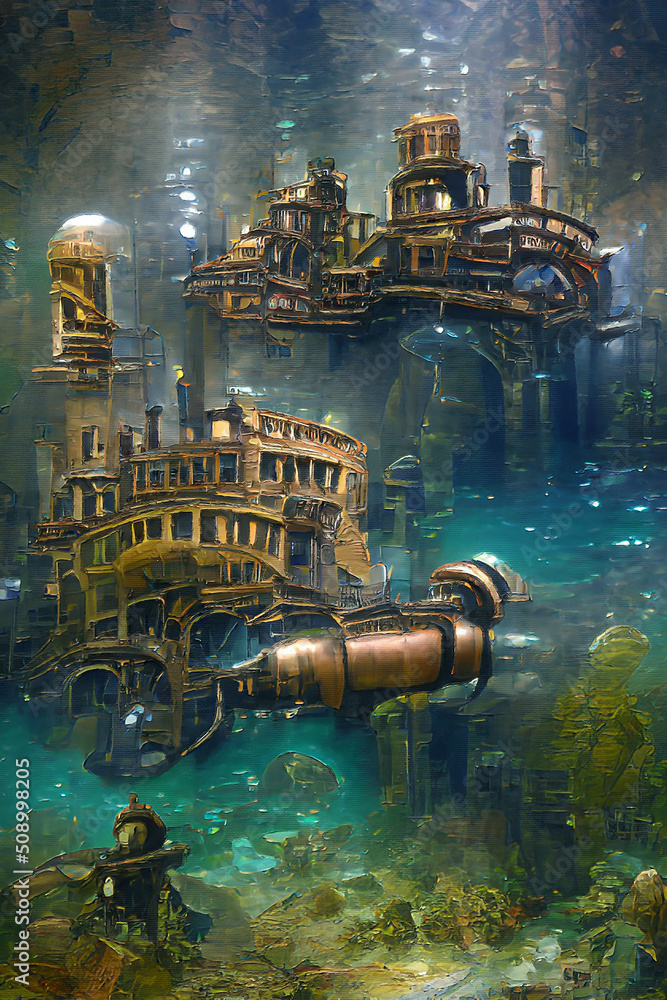 steampunk style underwater lost city abstract digital art Stock ...