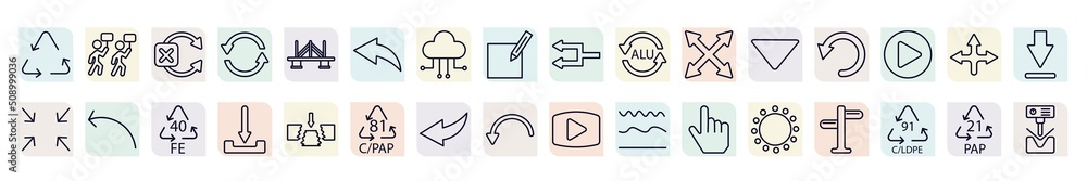 set of user interface icons in outline style. thin line icons such as recycable, no tittling ...