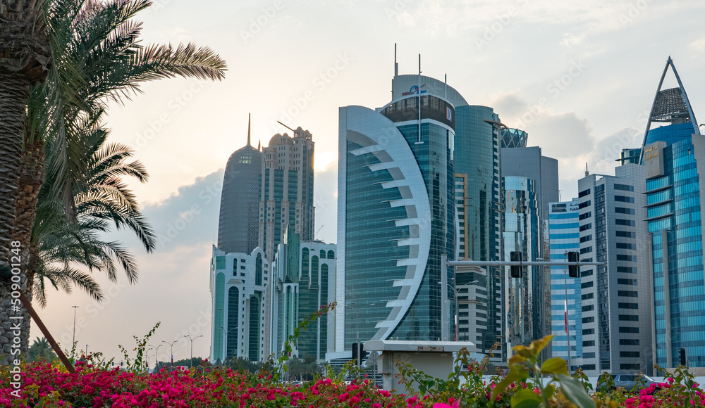 Doha,Qatar- May 23 2021: Qatar capital city Doha skyline with high rise ...