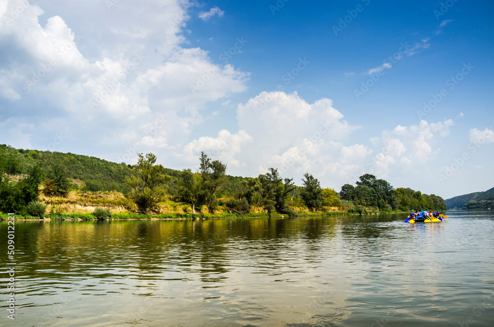 Dnister river landscape with people on sport catamaran, National Nature ...
