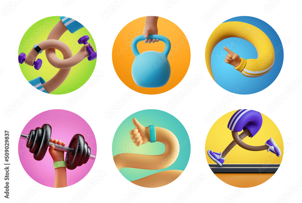 3d render, set of colorful round gym training stickers with hands legs ...