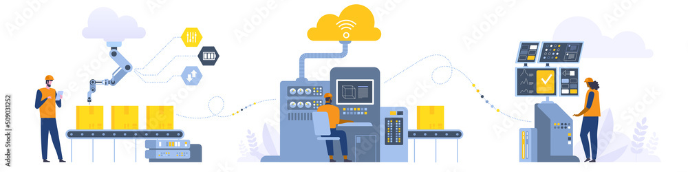 Manufacturing industry 2D vector isolated illustrations set. Employees ...