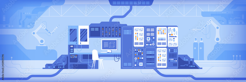 Vecteur Stock Control point and computer screens in server room. Flat ...