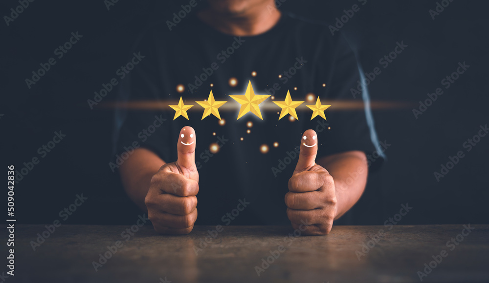 Customer experience satisfaction concept. Hand of client thumb up ...