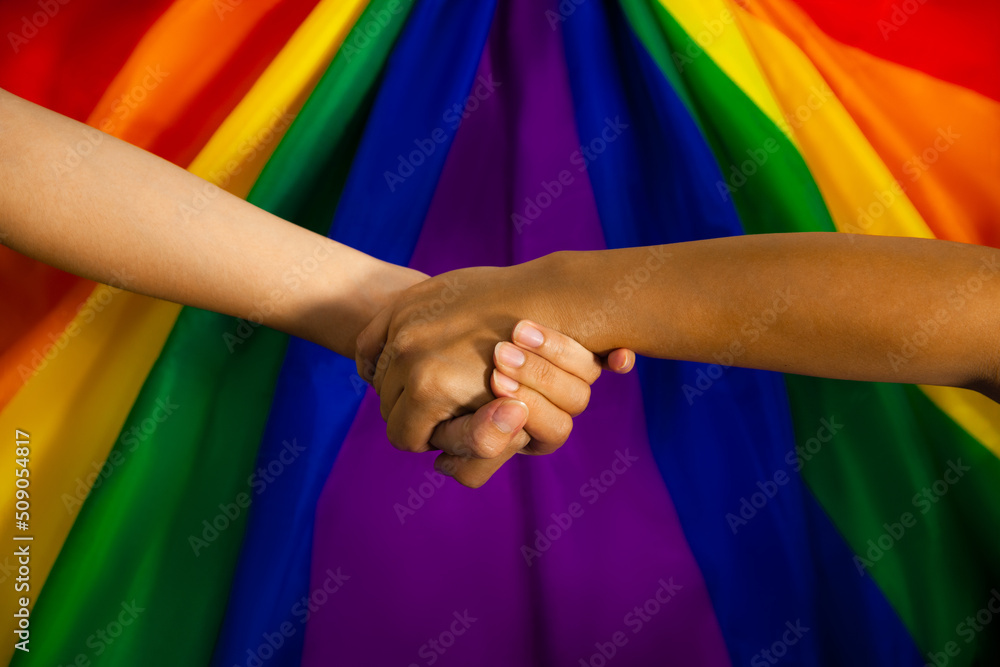 Lgbtq Flag And Hand Pride Flag Symbol Of Lesbian Gay Bisexsual