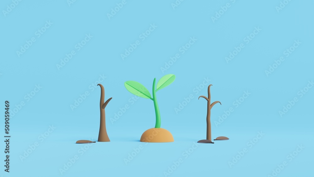 Growing plant and dying plant.Growth concept.3D rendering iiiustration ...