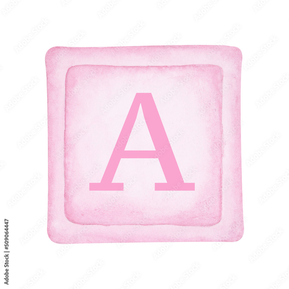 Newborn baby girl pink cube toy watercolor illustration. Cute hand ...