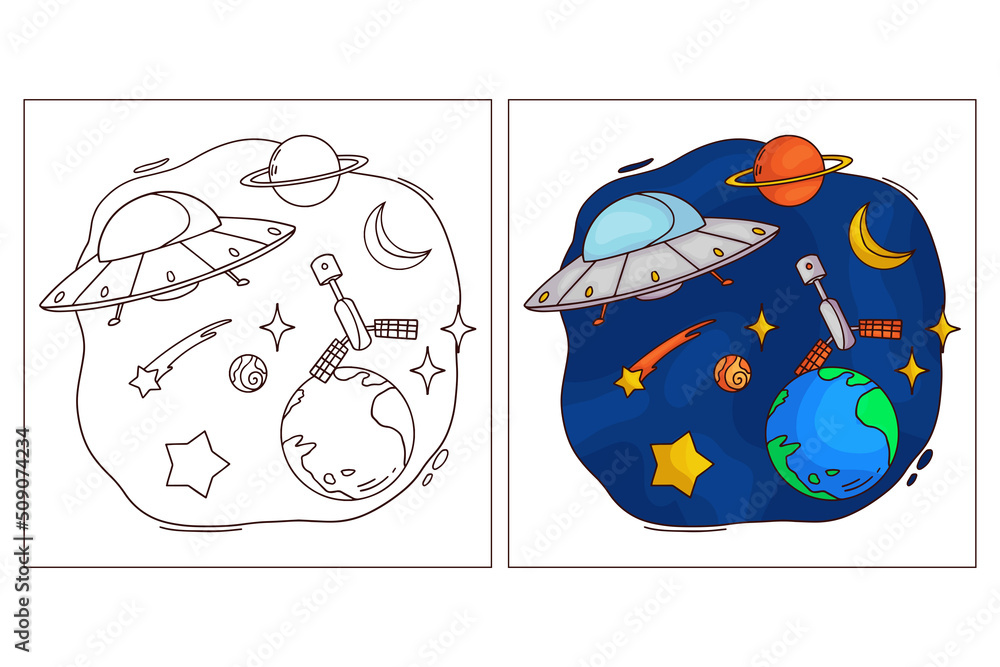 Hand_drawn_cute_space_coloring_page_(3) Stock Vector | Adobe Stock