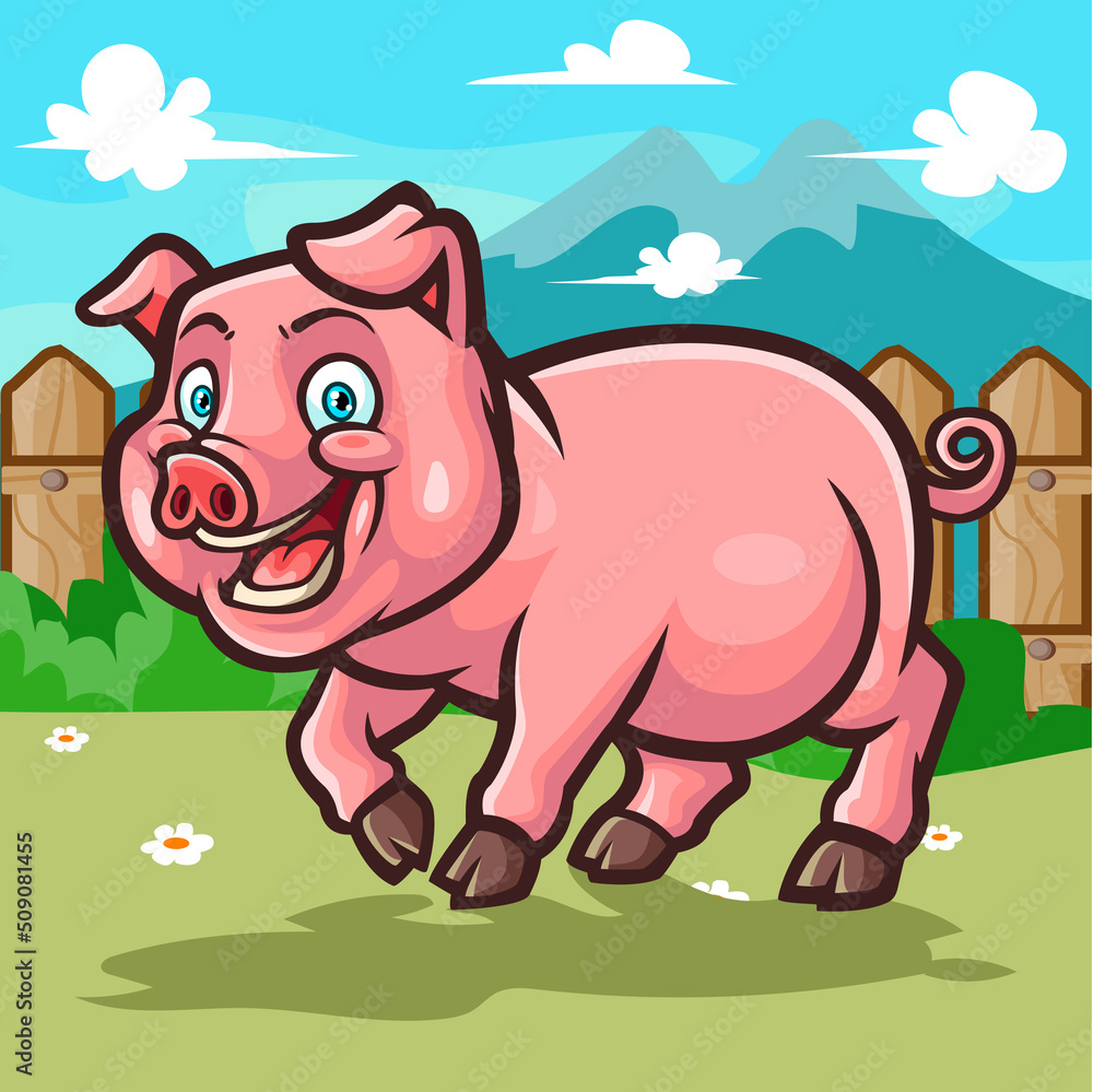 Happy pig cartoon isolated on garden and mountains background. Vector ...