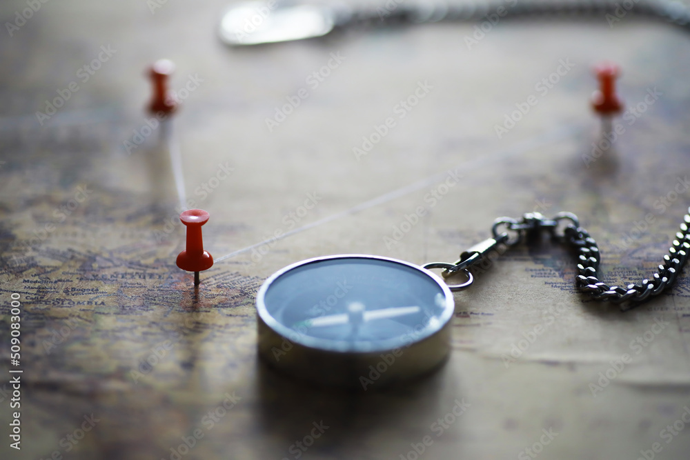 Travel concept. Map and needle with a marked place. Compass point on ...