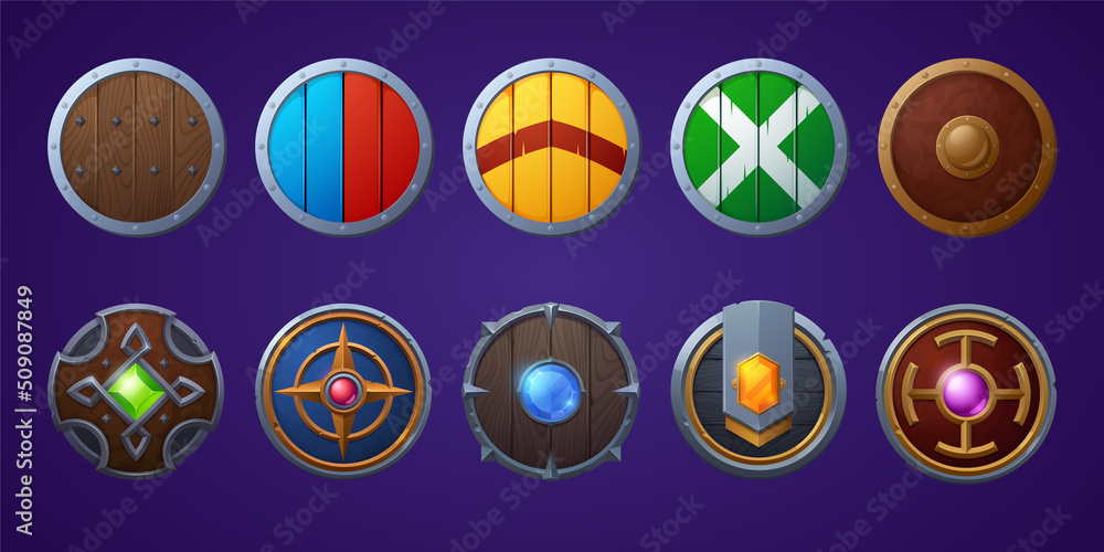 Wooden and metal round shields. Medieval armor of viking, knight ...