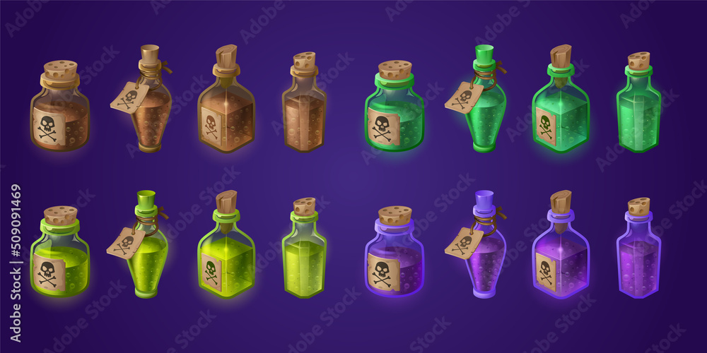 Bottles with poisons, toxic elixirs and chemical acids. Vector cartoon ...
