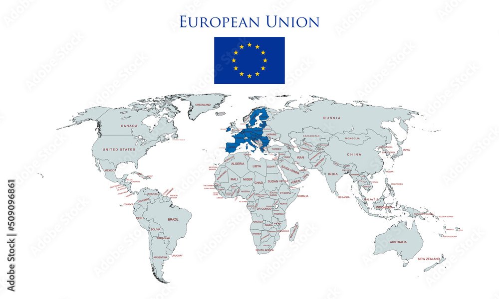 European Union countries presented in blue color on world map ...