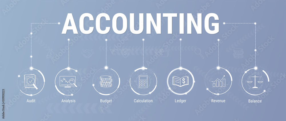 Accounting and finance icon set. Accounting web Banner with keywords ...