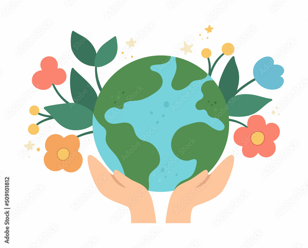 Vector Hands Holding Earth With Flowers Earth Day Illustration With