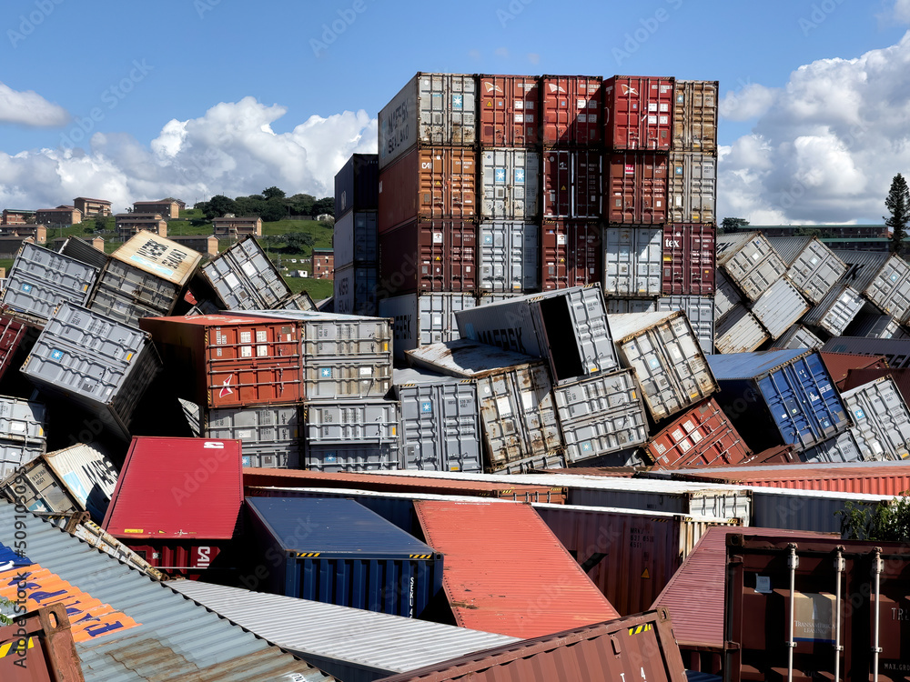 Severe storms and floods causing chaos in a storage yard where shipping ...