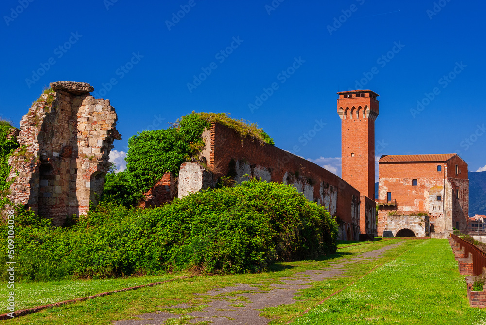 Ancient walls ruins and medieval tower of Pisa 'Old Citadel' fortress ...