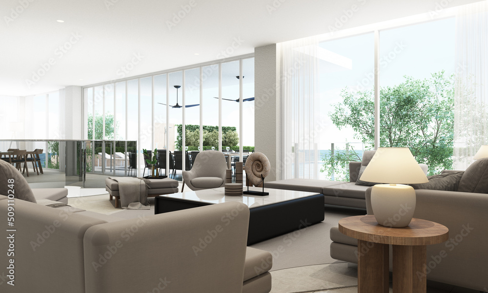 Interior design of pool villa in white tones and expensive with wood ...