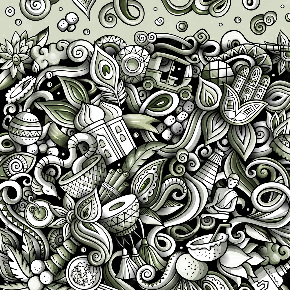 India hand drawn vector doodles illustration. Indian frame card design ...