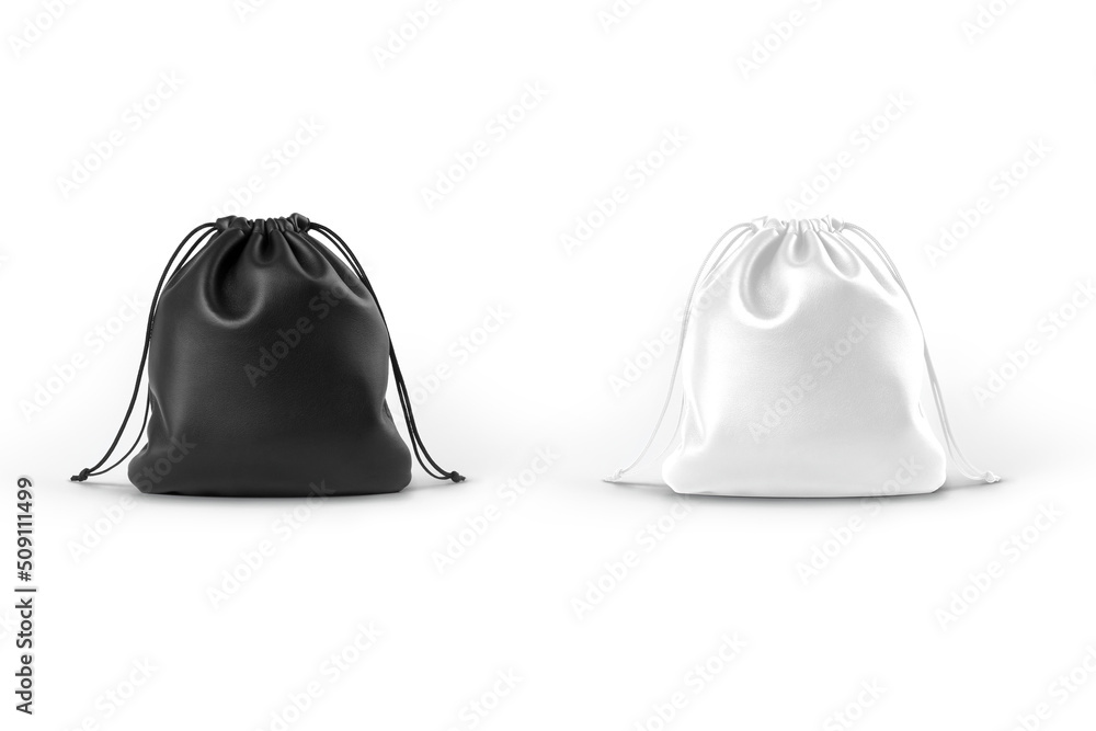 Black and white leather drawstring pouch mockup isolated on white ...