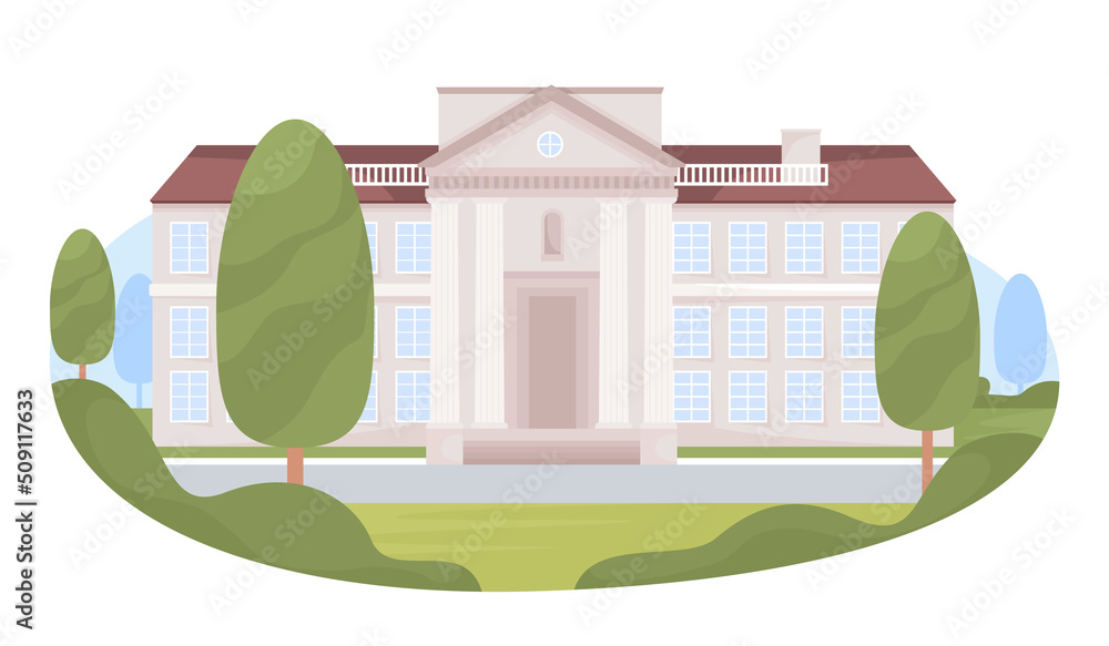 Building of college 2D vector isolated illustration. Antique university ...