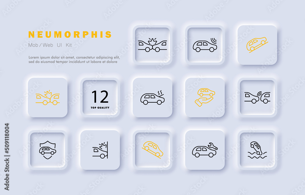 Accident set icon. Car crash, failure, emergency, breakdown, wreck ...