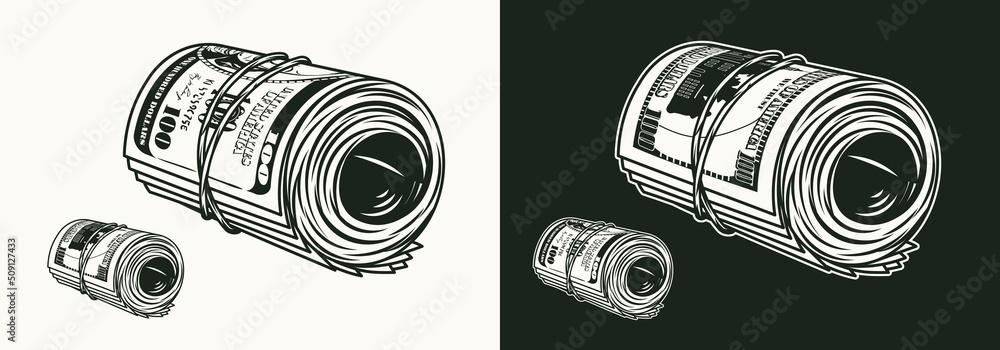 Monochrome money roll with front and reverse side of 100 dollar bills ...