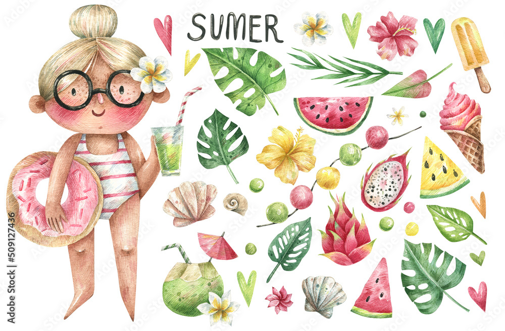 Collection of hand drawn watercolor tropical elements. Cute girl in ...