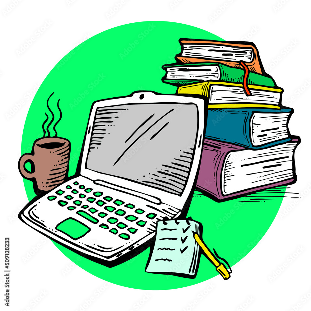 Remote work from home office with laptop, books and coffee on desk ...