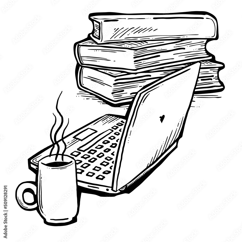 Remote work from home office with laptop, books and coffee on desk ...