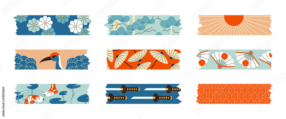 Washi tape set Japanese design elements. Collection of strips of scotch ...