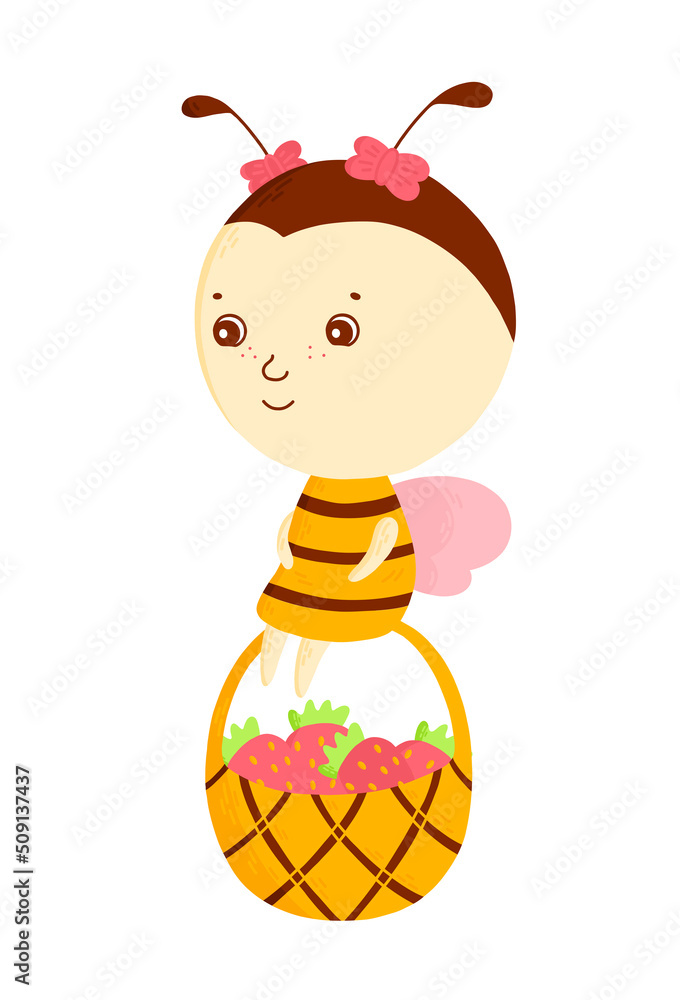 Cute friendly cartoon happy bee seeting on the basket with strawberry ...