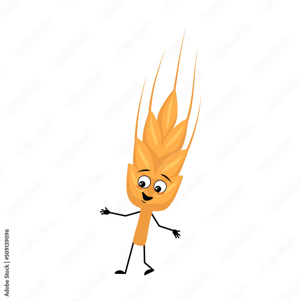 Cute ear of wheat character with joyful emotions, happy face, smile ...