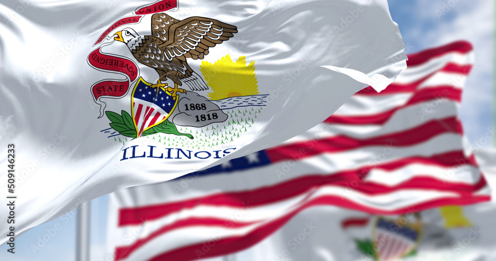 The Illinois state flag waving along with the national flag of the ...