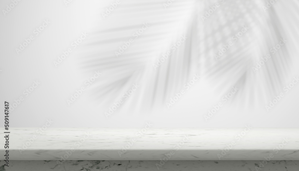 Luxury marble table with plant shadow on white wall for product ...