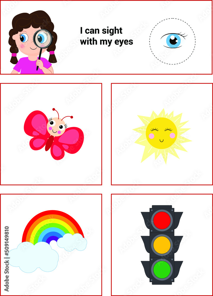 Cute girl is sight with eyes of objects. Funny montessori game for kids ...