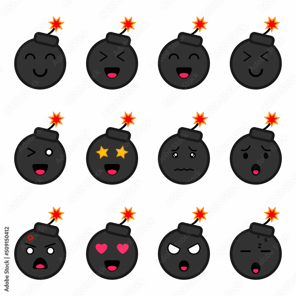 Cute funny happy bomb cartoon set collection. Vector flat line cartoon ...
