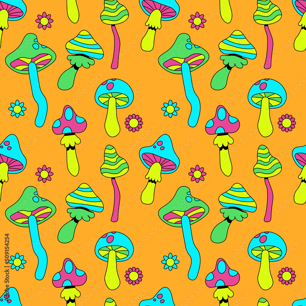 Funny crazy psilocybin magic mushroom seamless pattern.Vector hand ...