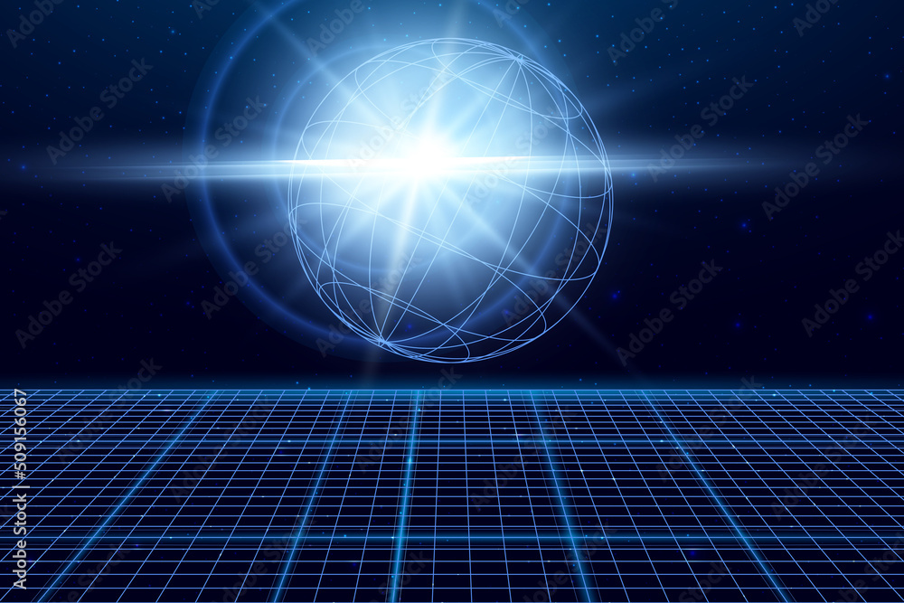 Perspective grid with wireframe shape and lens flare. Space neon ...