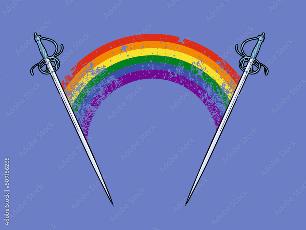 t-shirt design of a rainbow joining two medieval swords. Vector ...