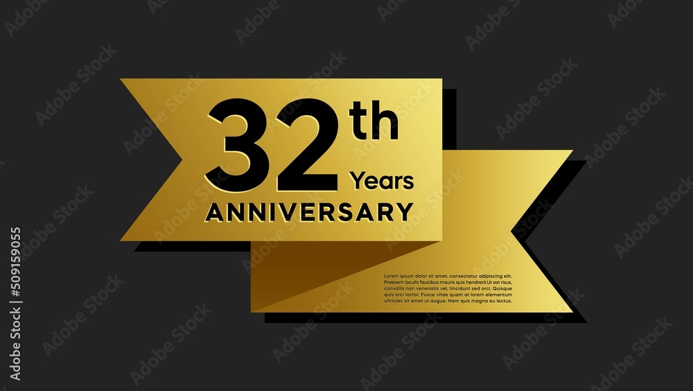 32 years anniversary logo with golden ribbon for booklet, leaflet ...