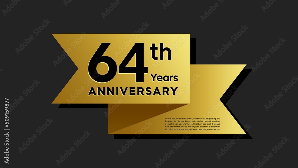 64 years anniversary logo with golden ribbon for booklet, leaflet ...