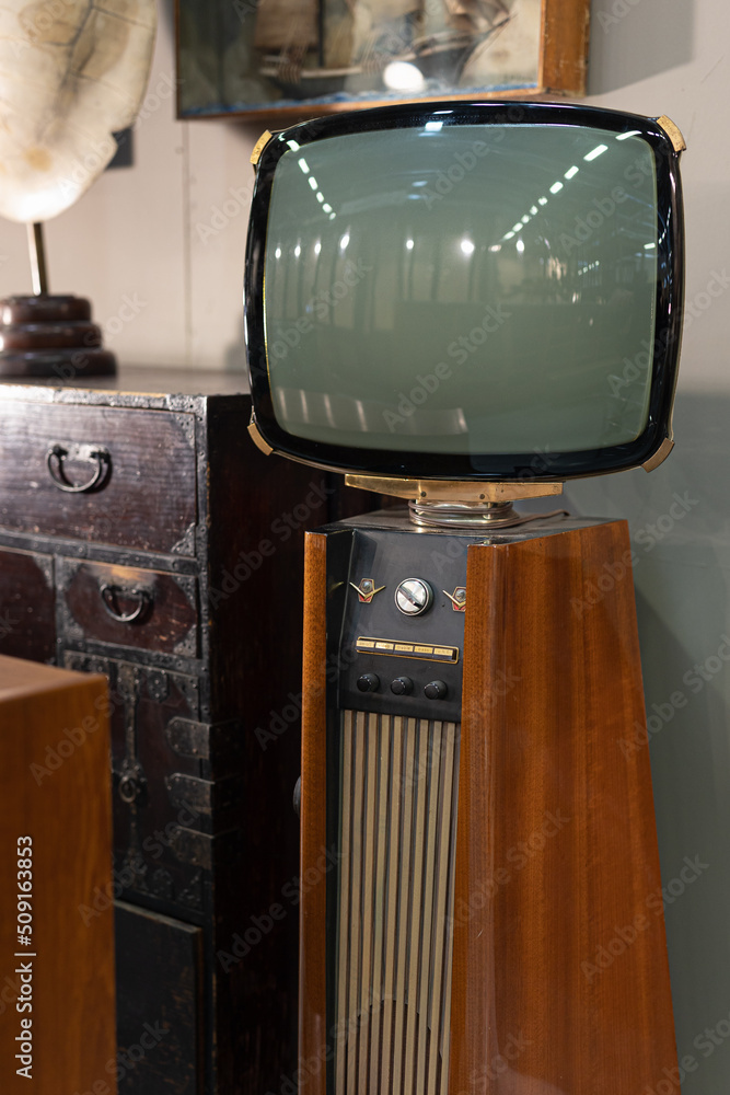 Antique Black and White TV set with Cathode Ray Tube with Wooden Column ...