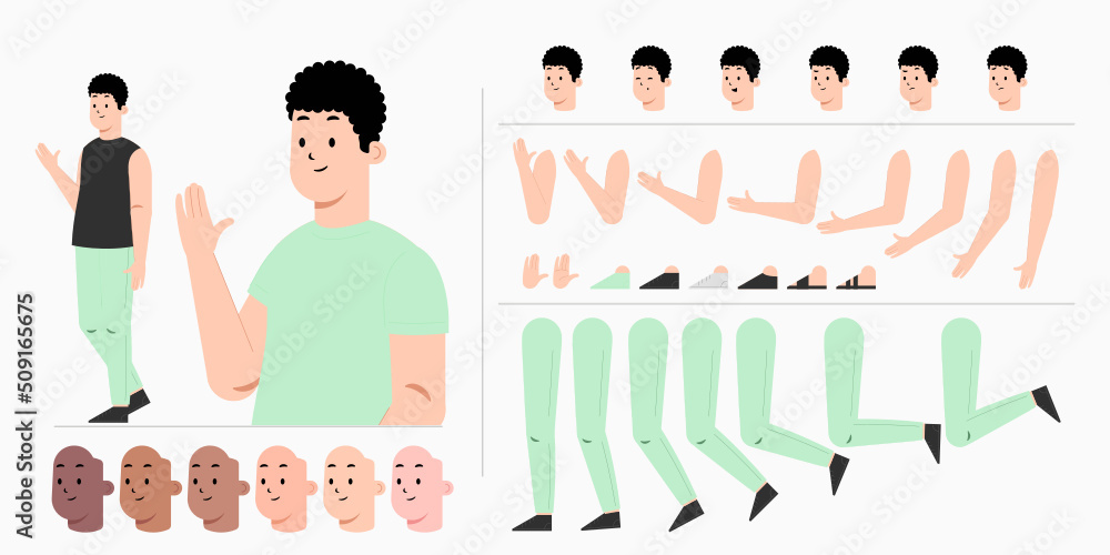 Young man character creation kit design for animation. City casual cartoon male flat vector ...