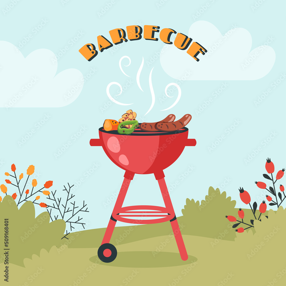 BBQ party. Barbecue background with brazier, grill, steaks, meat food, grilled vegetables at ...
